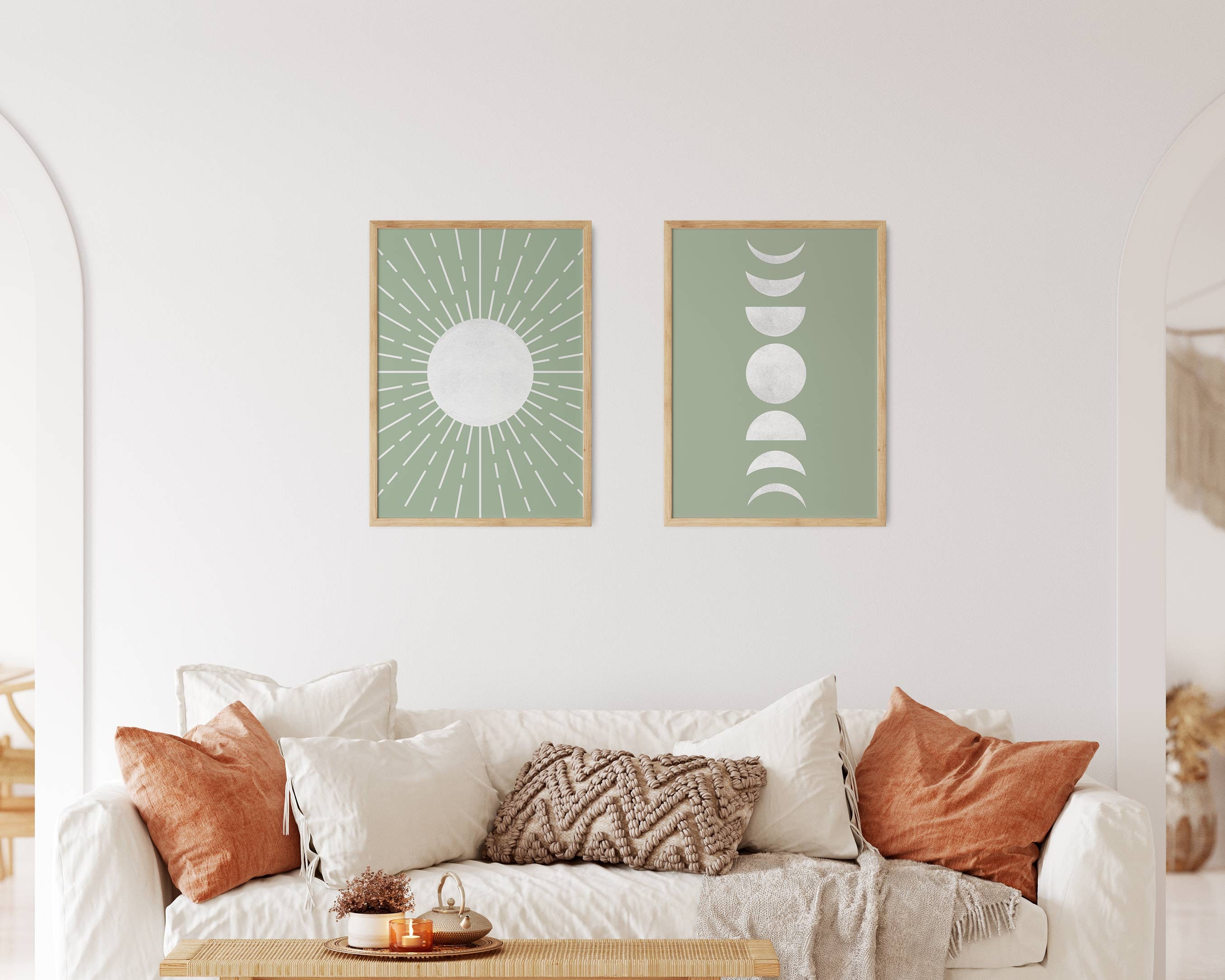 Sage Green Moon Phase Dekor, Boho Wandkunst, Mid Century Druckbar, Moderne Sonne, 2er Set ...