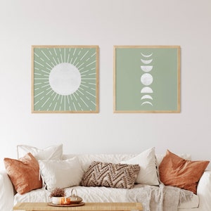 Sage Green Moon Phase Decor, Boho Wall Art, Mid Century Printable ...