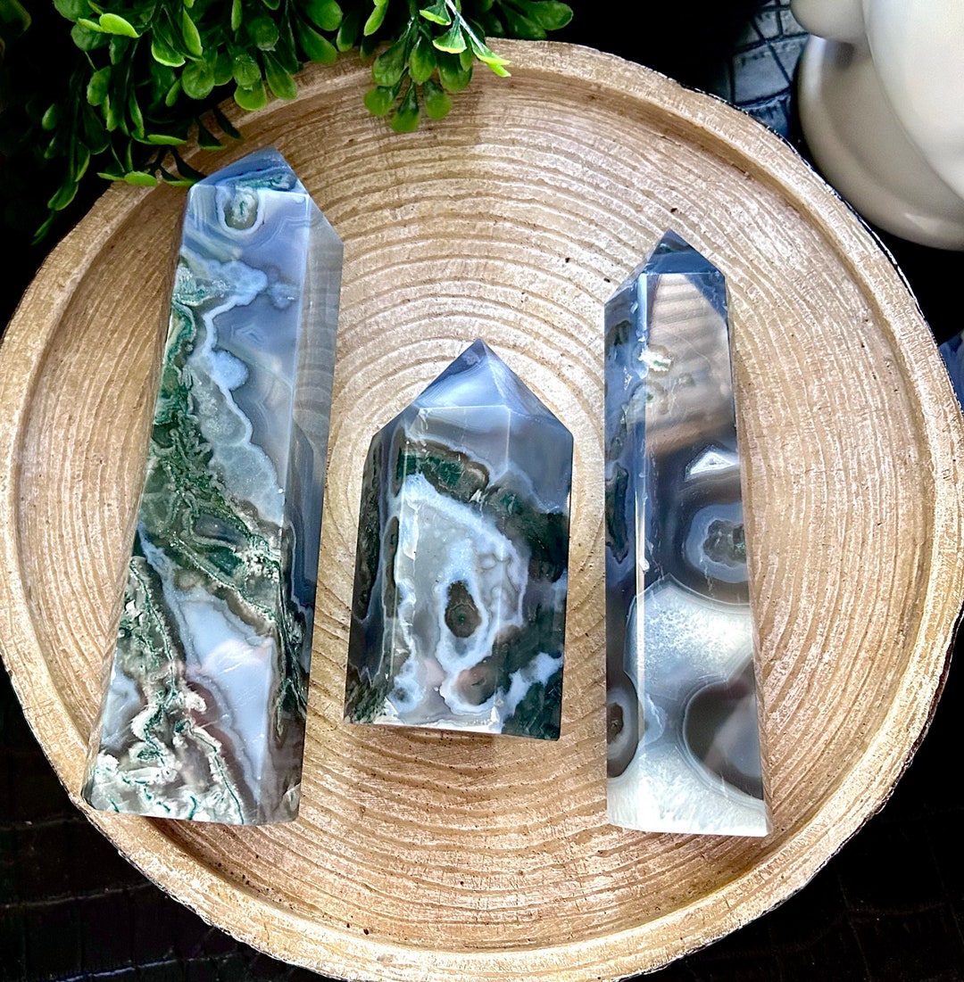 Dark Blue Moss Agate Towers | Healing Crystals for Meditation | Reiki ...