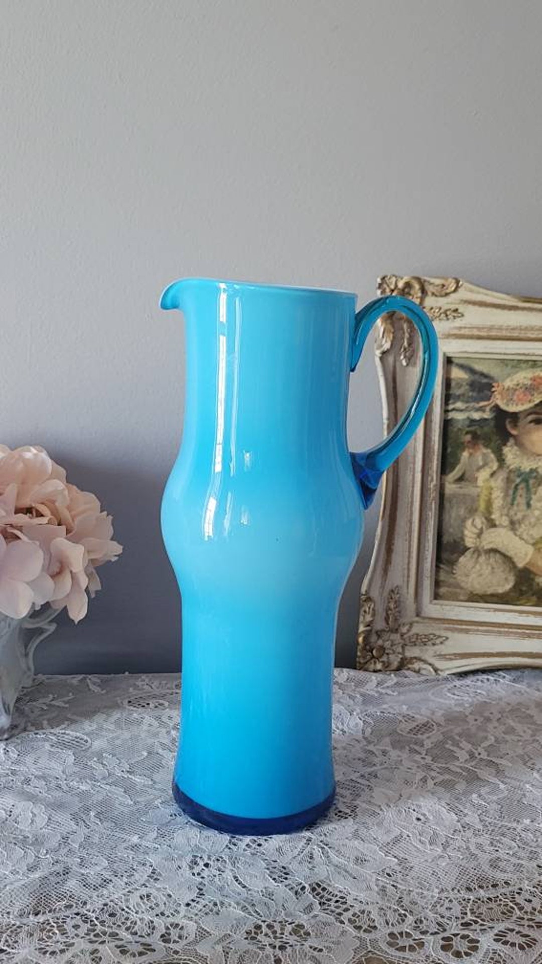 Glass Pitcher, Balboa Blown Glass Pitcher, Mid Century Italian Azure ...