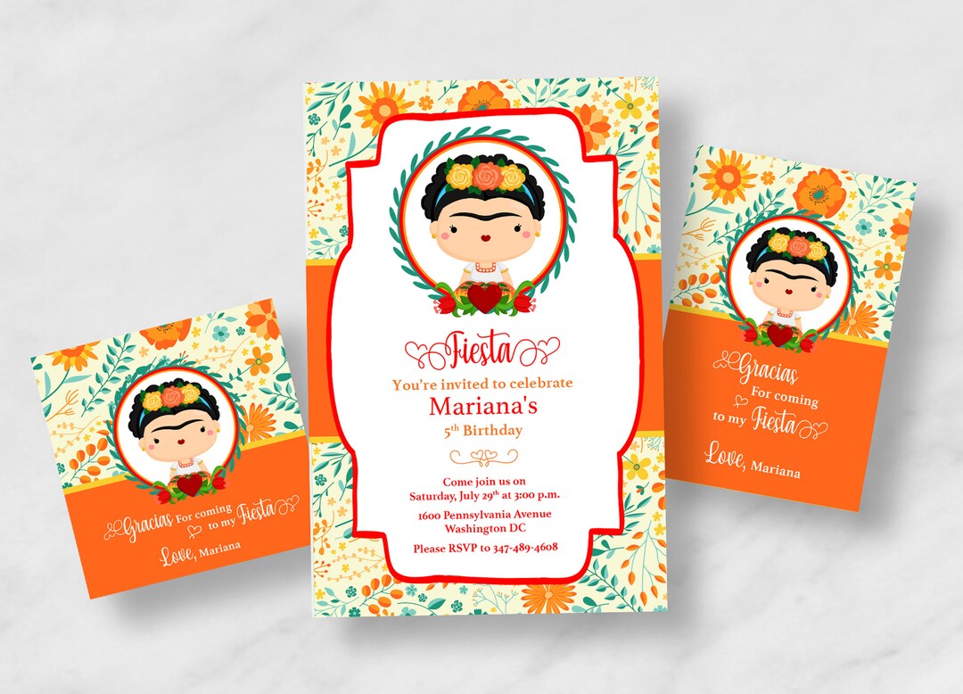 Frida Kahlo Party Invitation and Thank You Card Mexican Theme Birthday ...