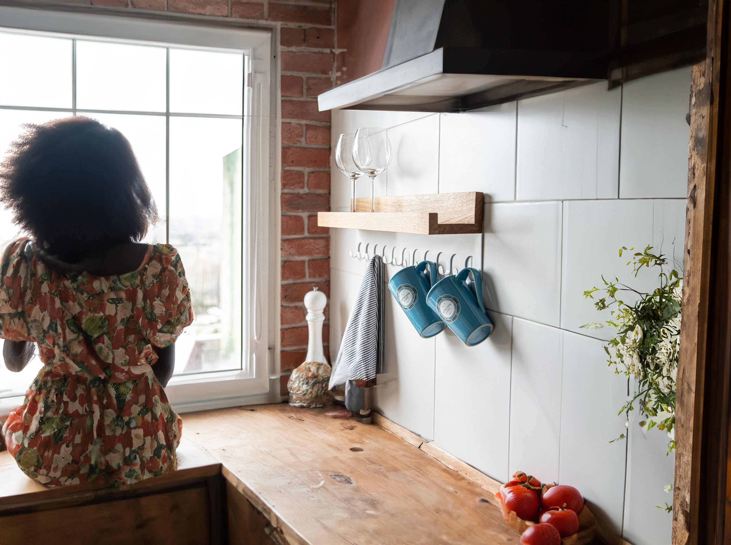Boho Charm Display Shelf Oak Wood With Black Hanger Perfect for Kitchen ...