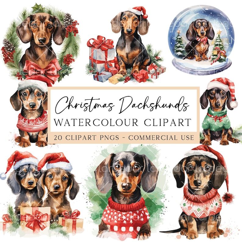 Christmas Dachshunds Clipart | 20 Watercolor Festive Dog Pngs for ...