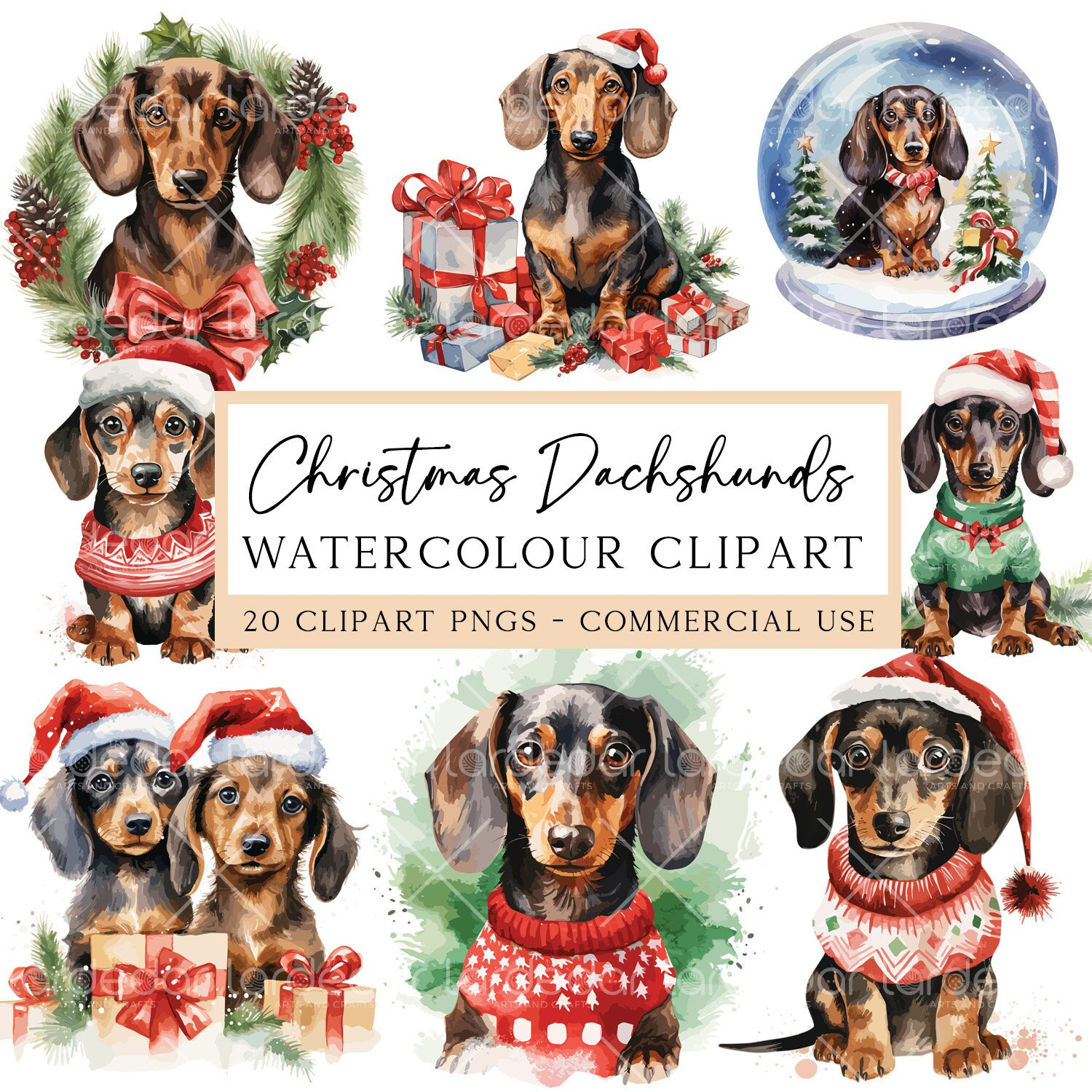 Christmas Dachshunds Clipart | 20 Watercolor Festive Dog Pngs for ...