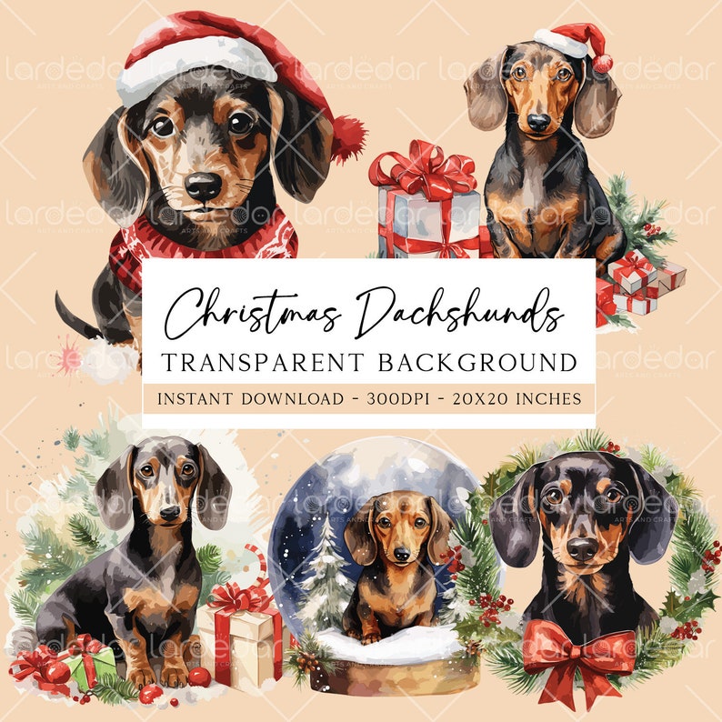 Christmas Dachshunds Clipart | 20 Watercolor Festive Dog Pngs for ...