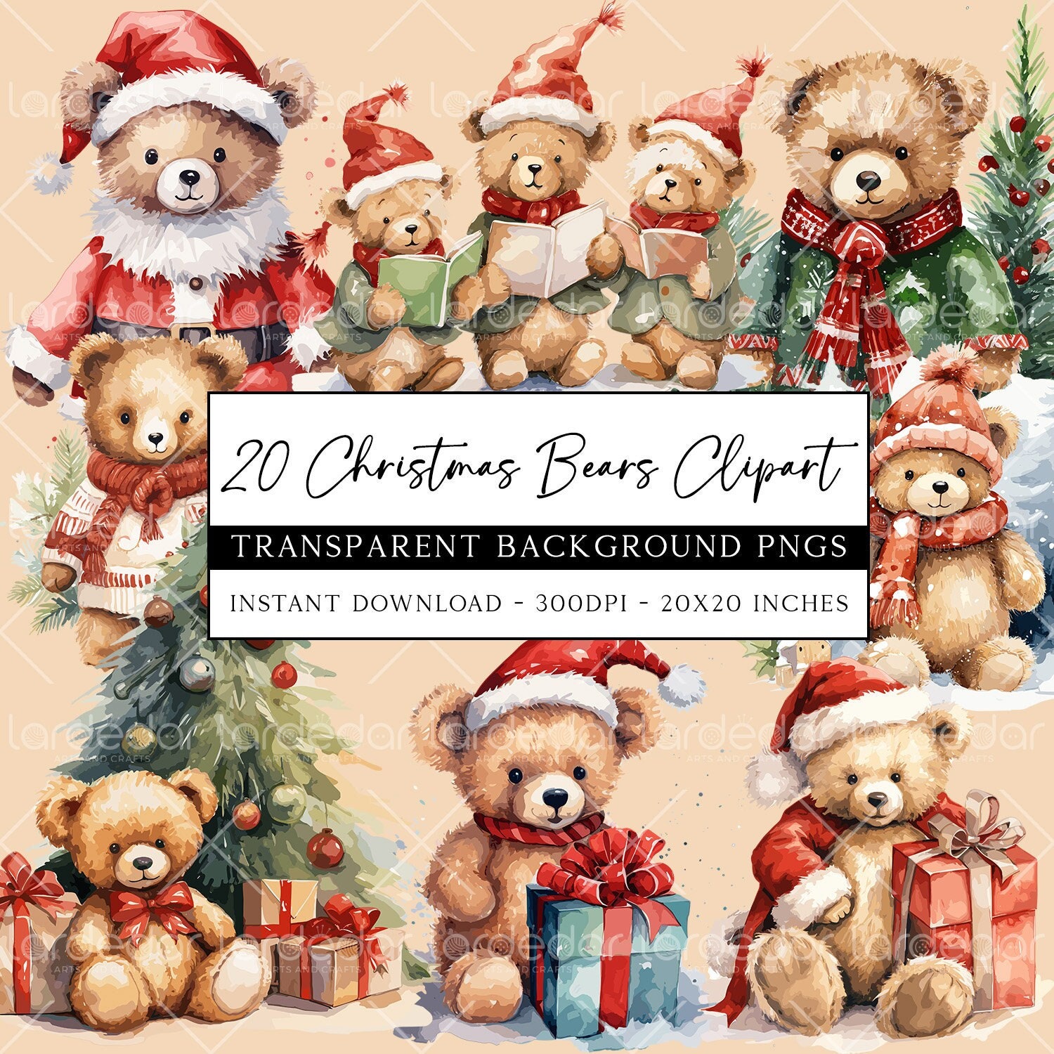 Christmas Bear Clipart | 20 Watercolor Festive Teddy Bear Pngs for ...