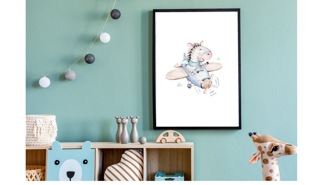 ZEBRA IN PLANE, Printable Zebra Watercolor Digital Art Print, Fun Kid's ...