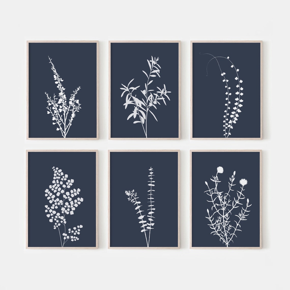 Blue Botanical Print. Set of 6 Prints. Navy Blue Wall Art. Indigo Blue ...