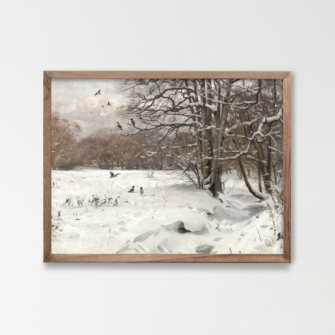 Vintage Landscape Painting. Snowy Tree Print. Woodlands Winter Decor ...