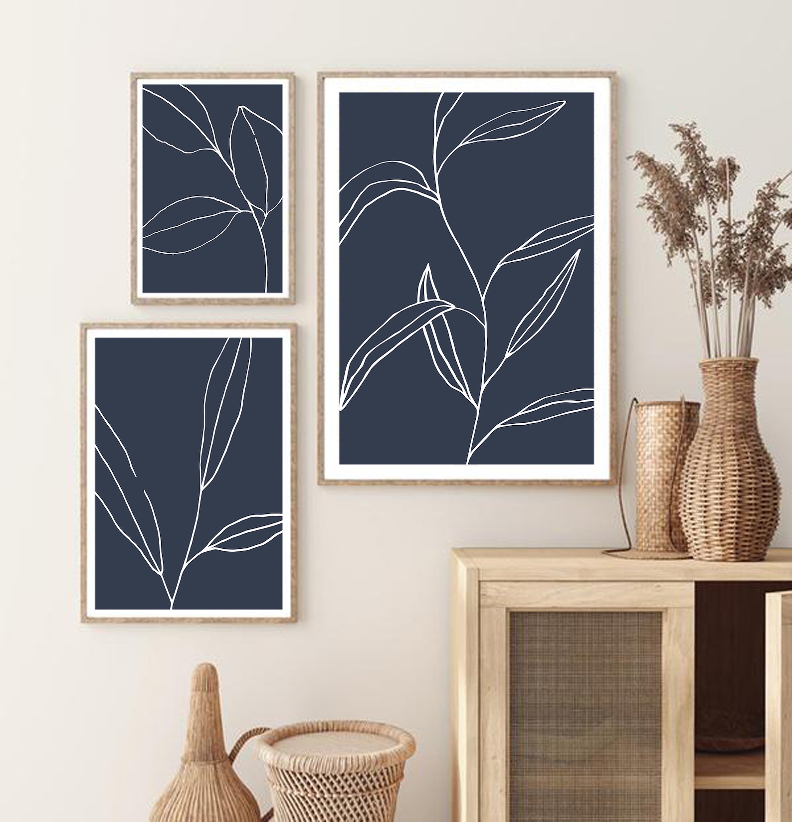 Blue Botanical Print. Set Of 3 Prints. Floral Line Drawing. | Etsy