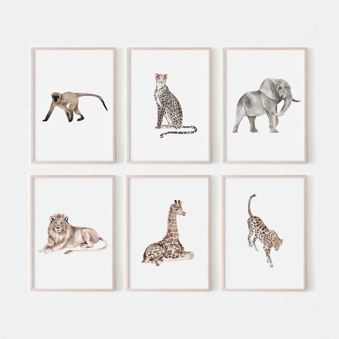 Safari Animal Nursery Print Set, Neutral Watercolor Art (digital ...