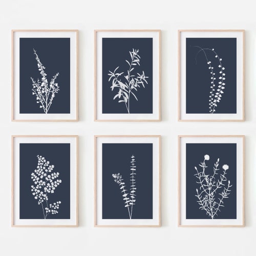 Navy Blue Wall Art Botanical Print Set of 3 Floral Wall Art - Etsy