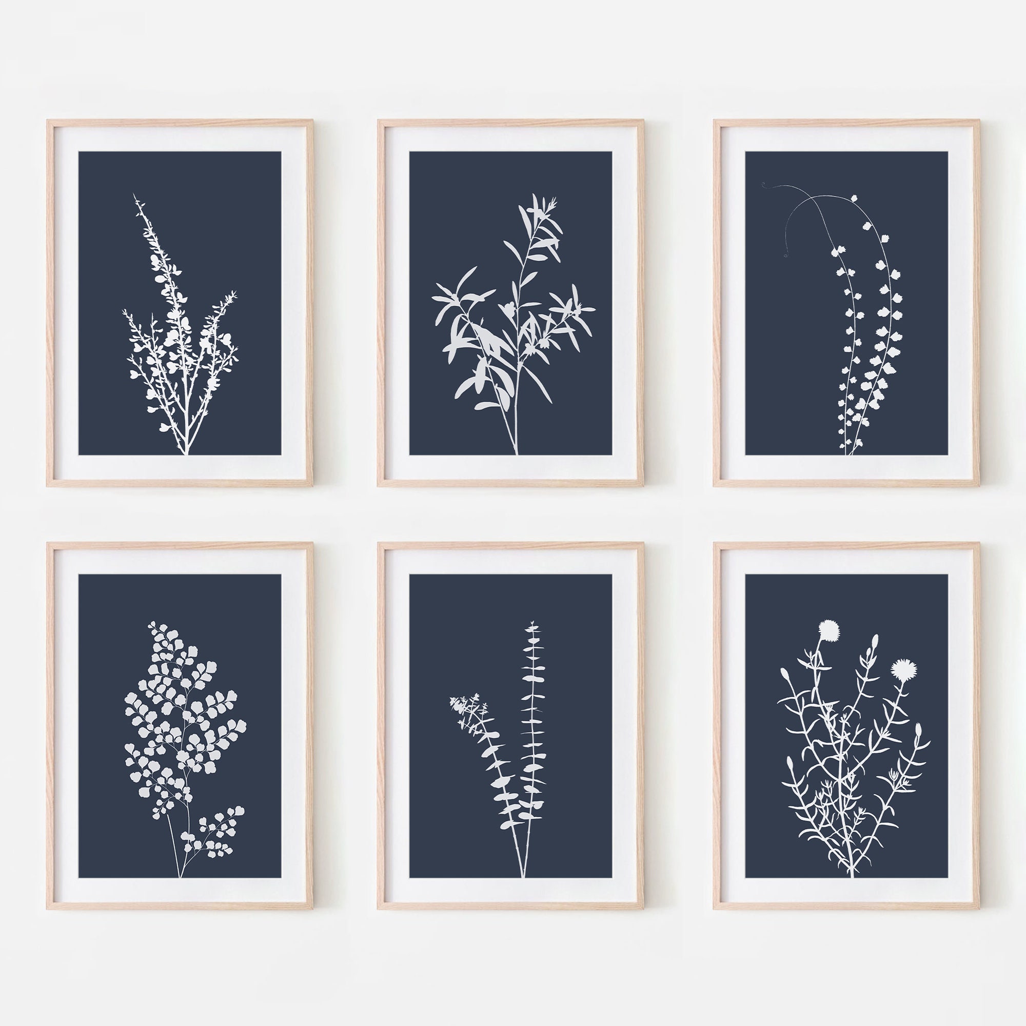 Blue Botanical Print. Set of 6 Prints. Navy Blue Wall Art. Indigo Blue ...