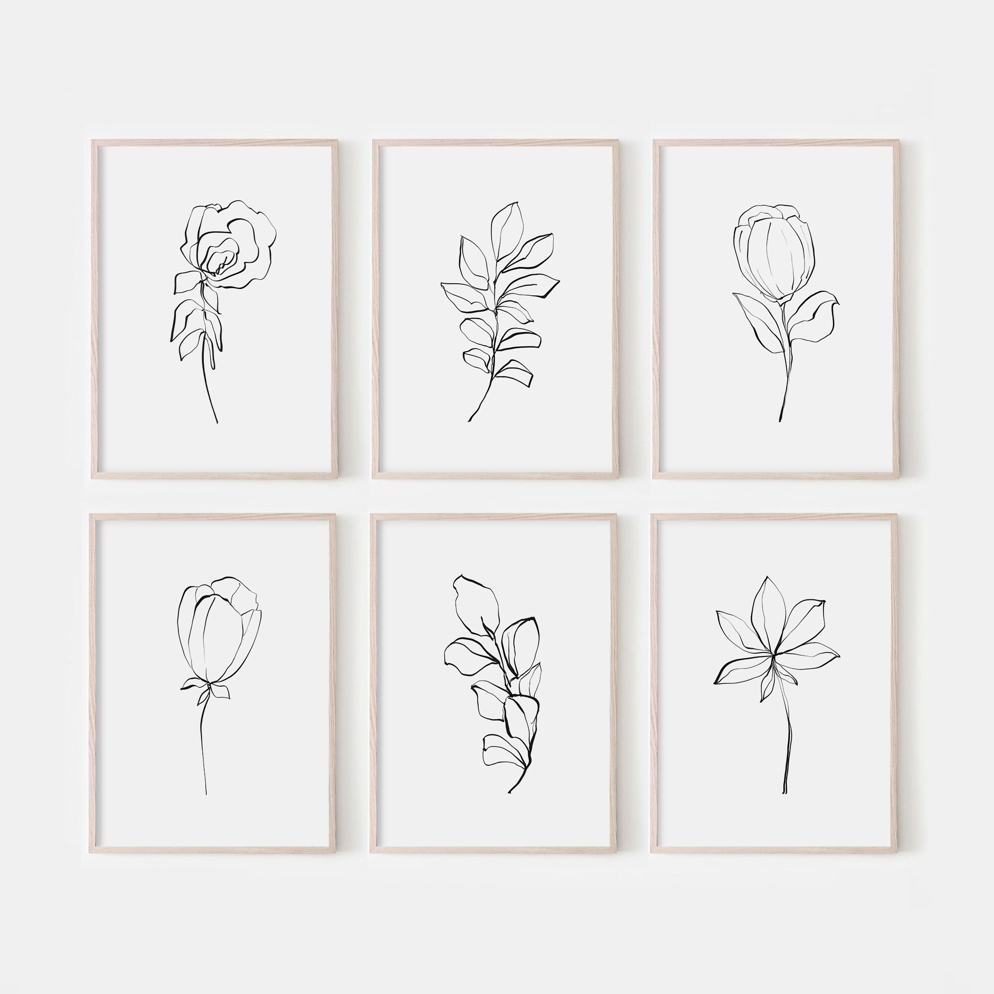 Flower Line Art. Set of 6 Prints. Floral Line Art. Line Art. | Etsy