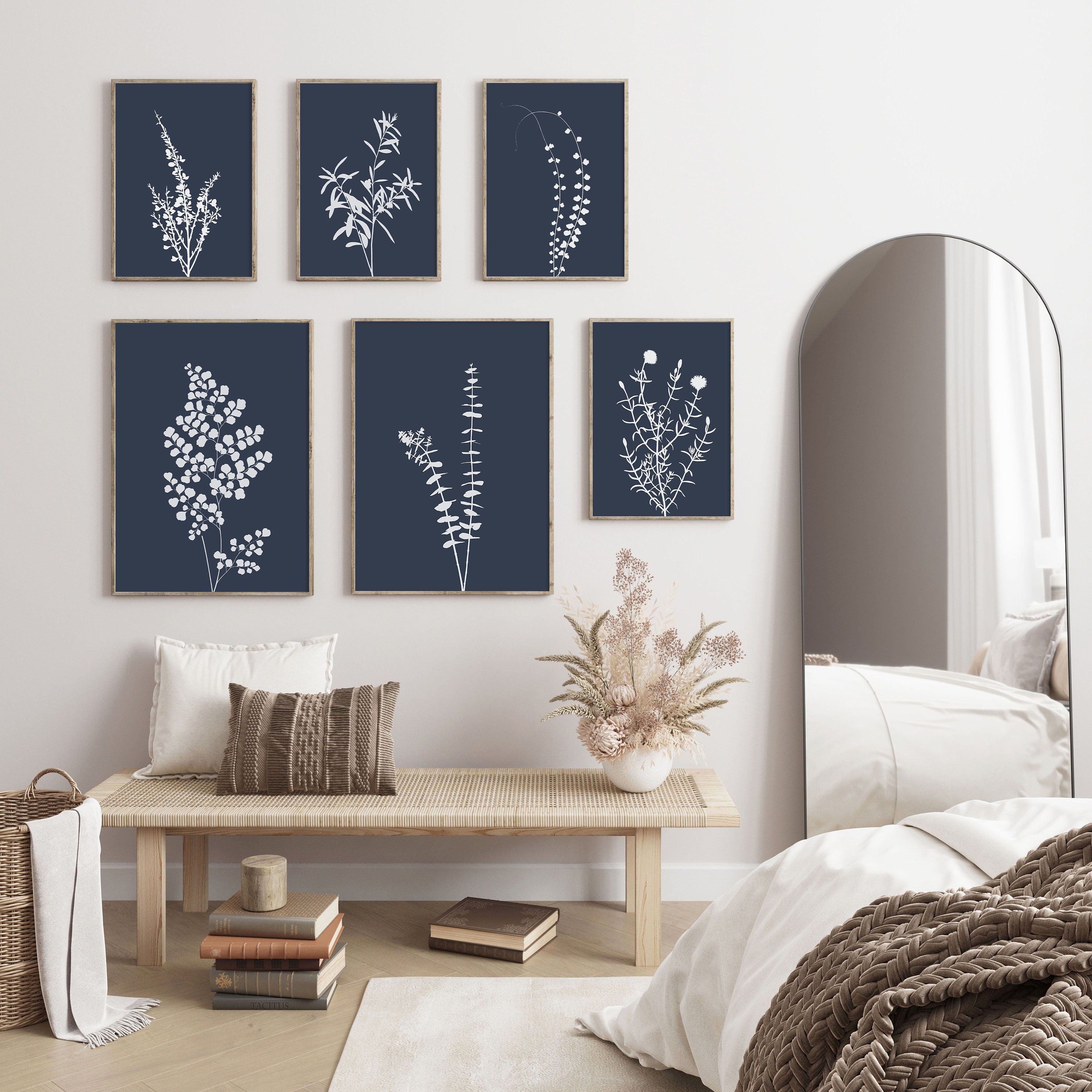 Blue Botanical Print. Set of 6 Prints. Navy Blue Wall Art. Indigo Blue ...