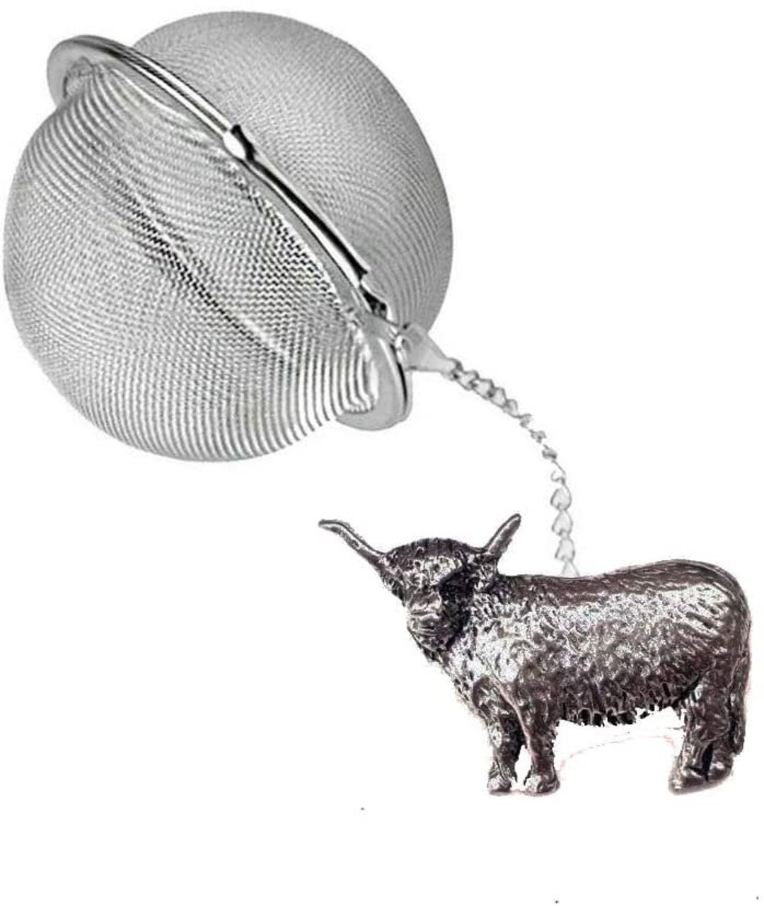 Pewter Highland Cow on a Tea Leaf Infuser Stainless Steel Sphere ...