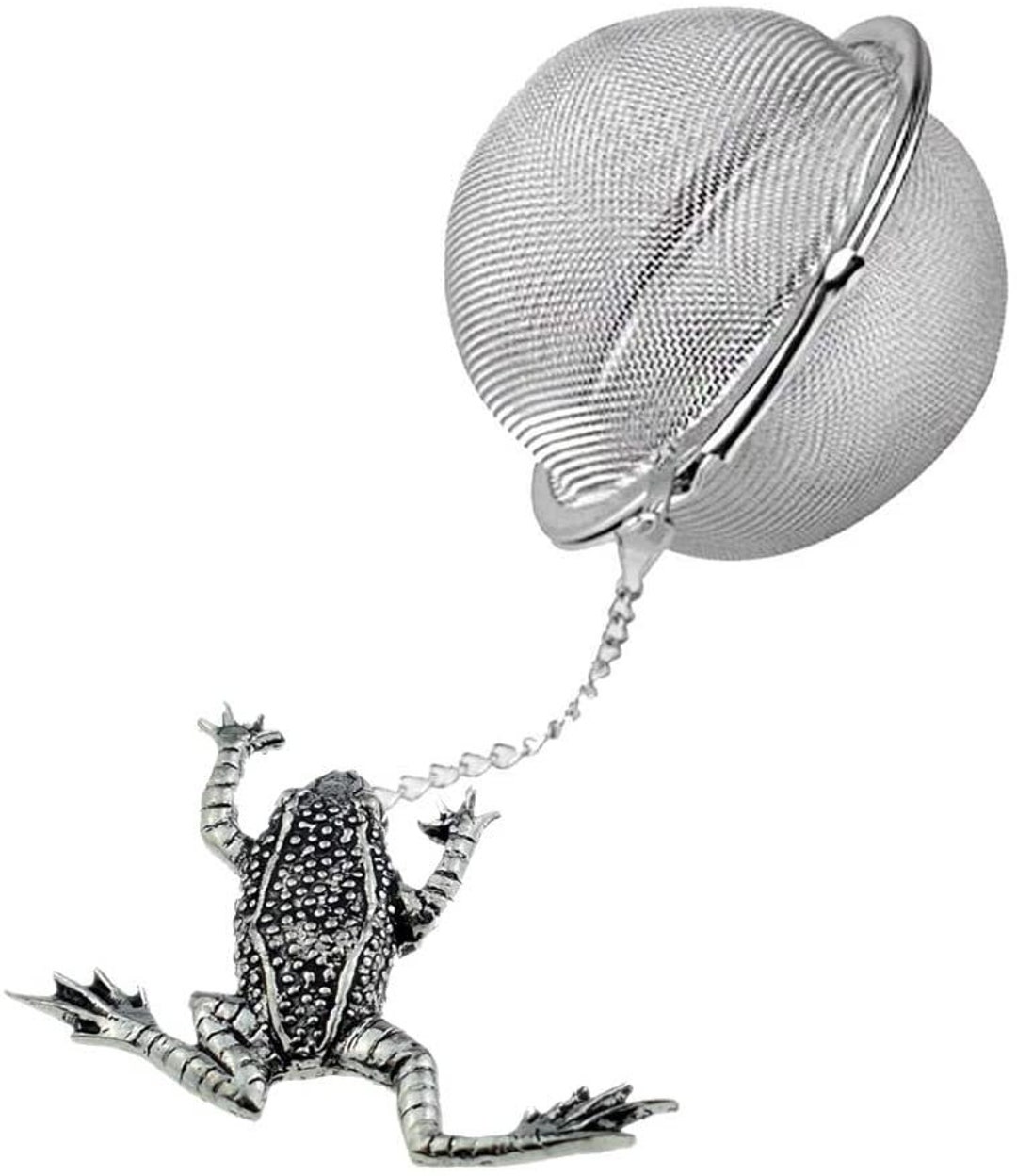 Pewter Leaping Frog on a Tea Leaf Infuser Stainless Steel Sphere ...