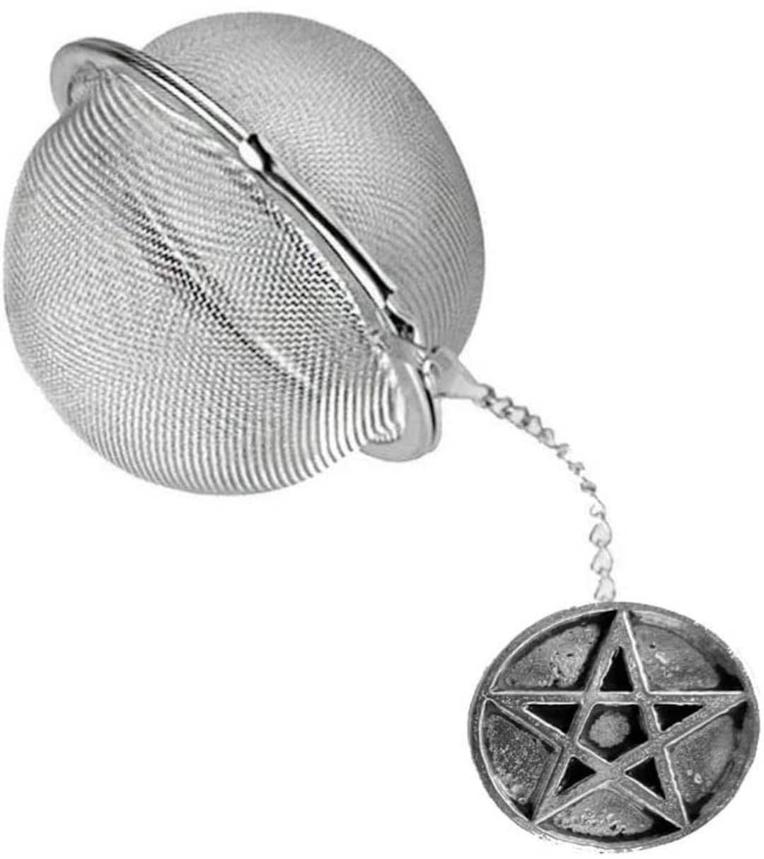 Pewter Pentacle Pentagram on a Tea Leaf Infuser Stainless Steel Sphere ...