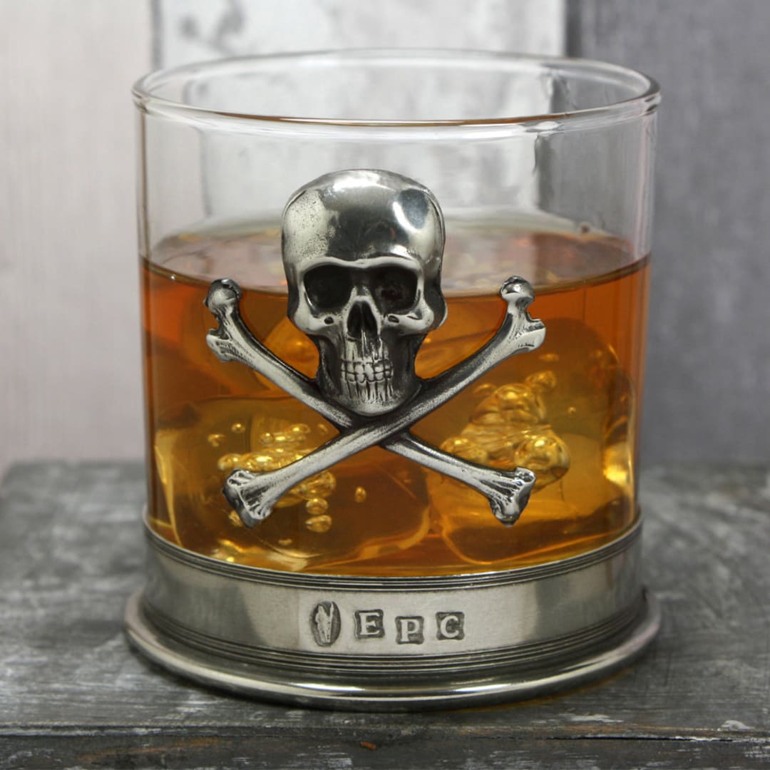 Personalised Pewter Skull Cross Bones Whisky Rum Glass Tumbler TUM07 by ...