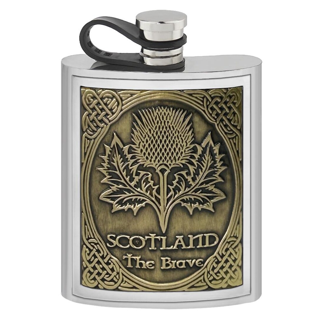 Embossed Flask Thistle Brass Badge 6oz Hip Flask Personalised Gift by ...