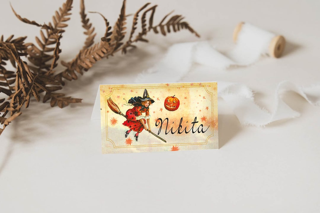 Vintage Witch Halloween Place Cards: Printable Tent Fold (digital ...