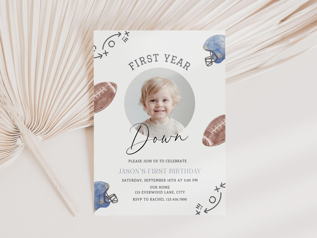 First Year Down Birthday Invitation With Photo, Football 1st Birthday ...