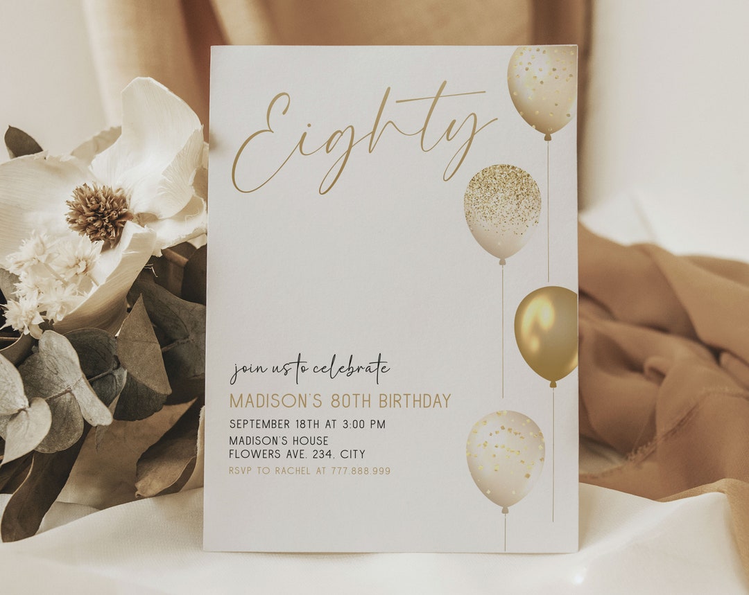 Editable 80th Birthday Invitation Gold Balloons Eighty Invite Template ...