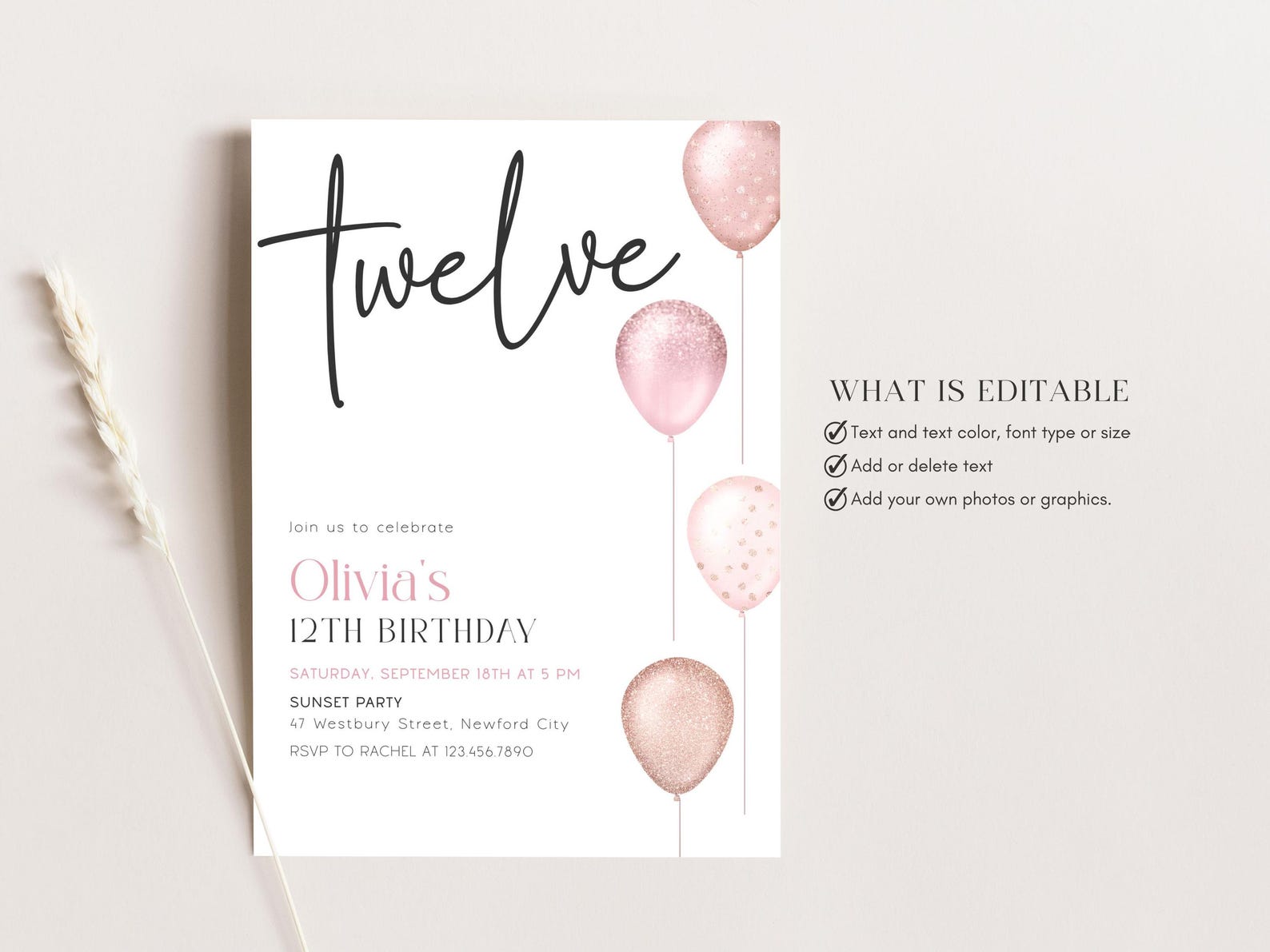 Pink Balloons 12th Birthday Invitation, Editable Canva Template ...