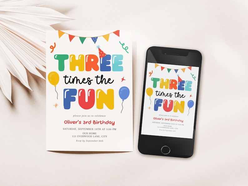 Editable Colorful 3rd Birthday Invitation, Three Times the Fun Invite ...