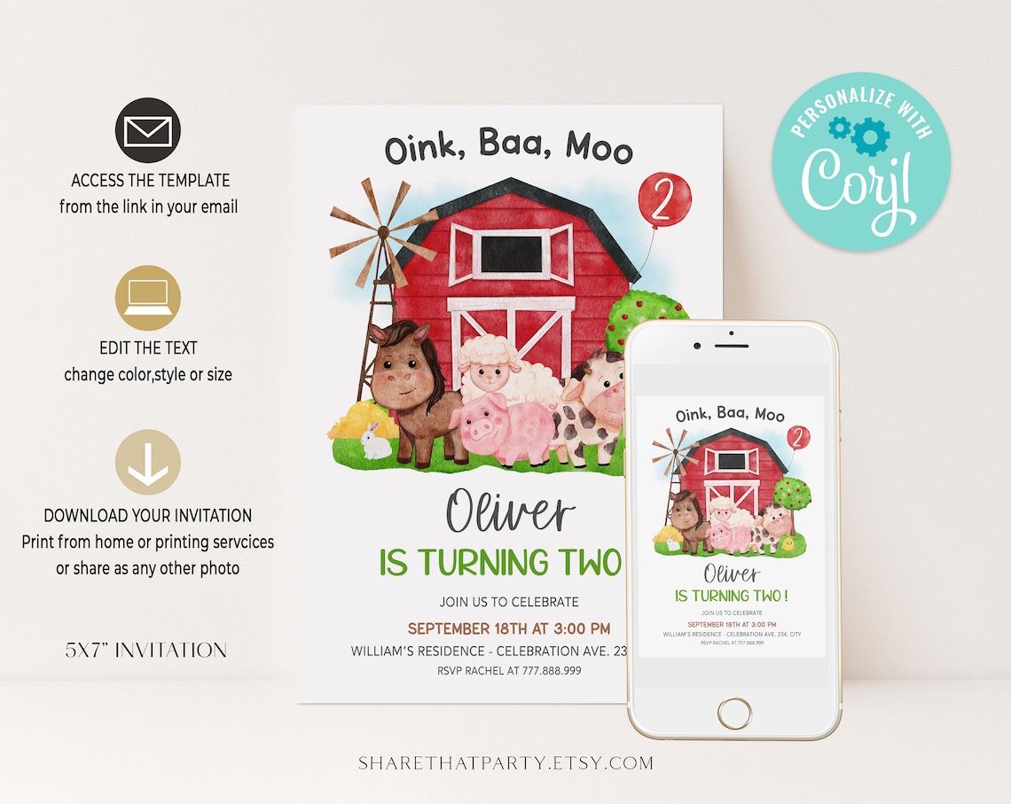 Oink Baa Moo Birthday Invitation Editable Any Age Petting - Etsy