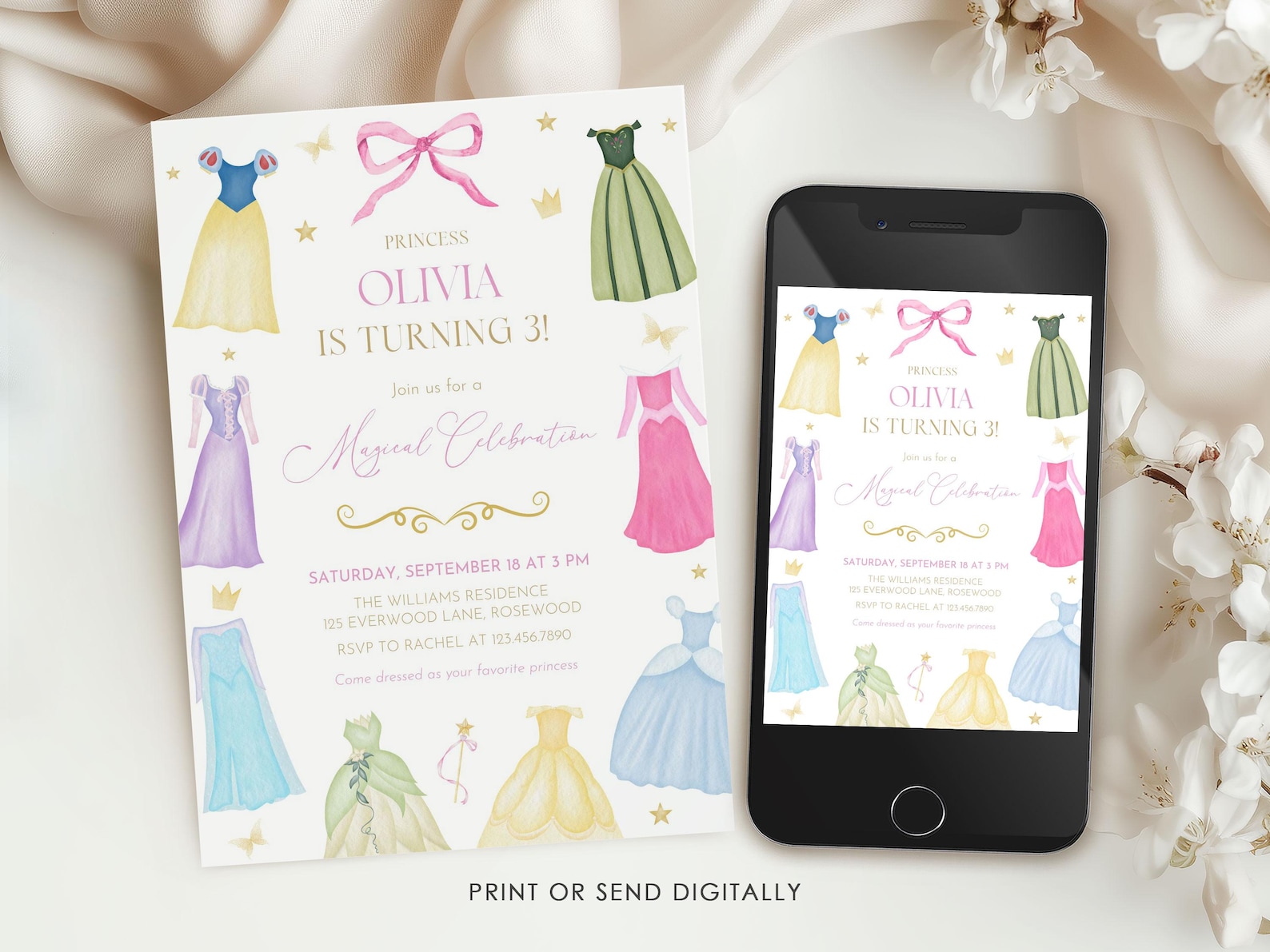 Princess Dresses Birthday Invitation, Once Upon a Time Party, Digital ...