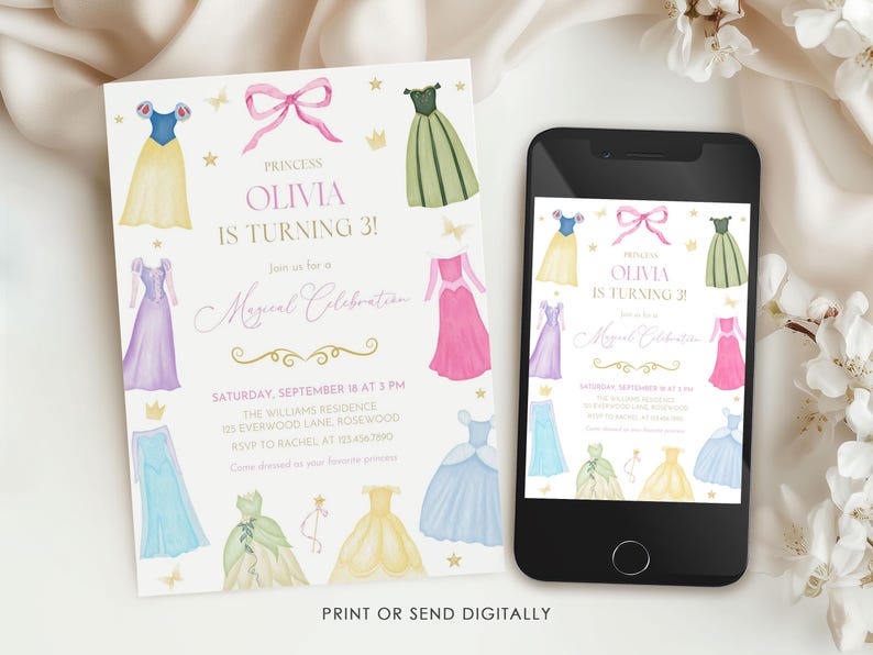 Princess Dresses Birthday Invitation, Once Upon a Time Party, Digital ...