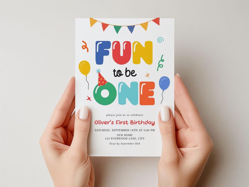Fun to Be One Birthday Invitation, Colorful First Birthday Invite ...
