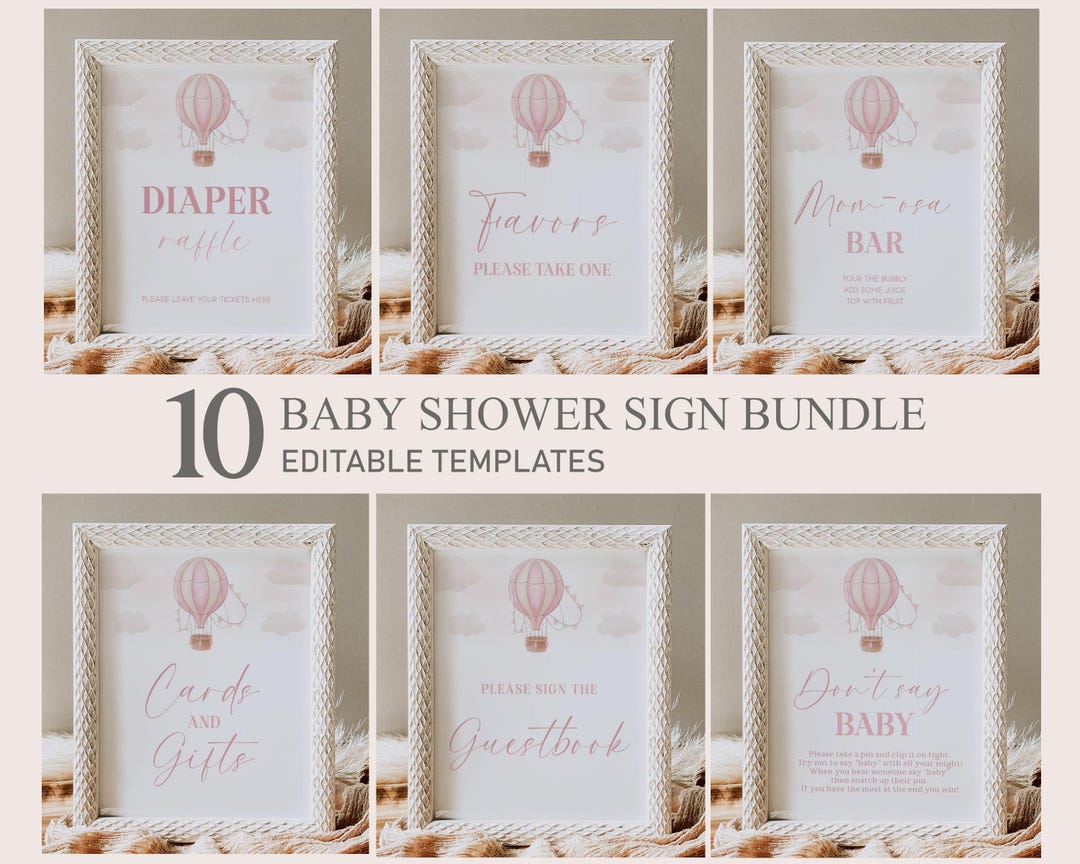 Pink Air Balloon Baby Shower Sign Bundle Editable, Girl Adventure Theme ...