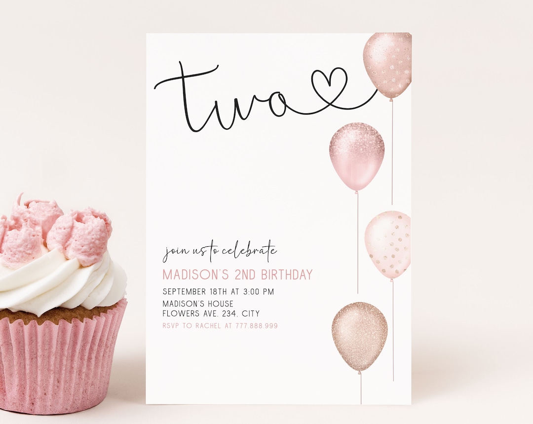 Girl Second Birthday Invitation Editable, Two Birthday Invite, Pink Balloons 2nd Birthday Party ...