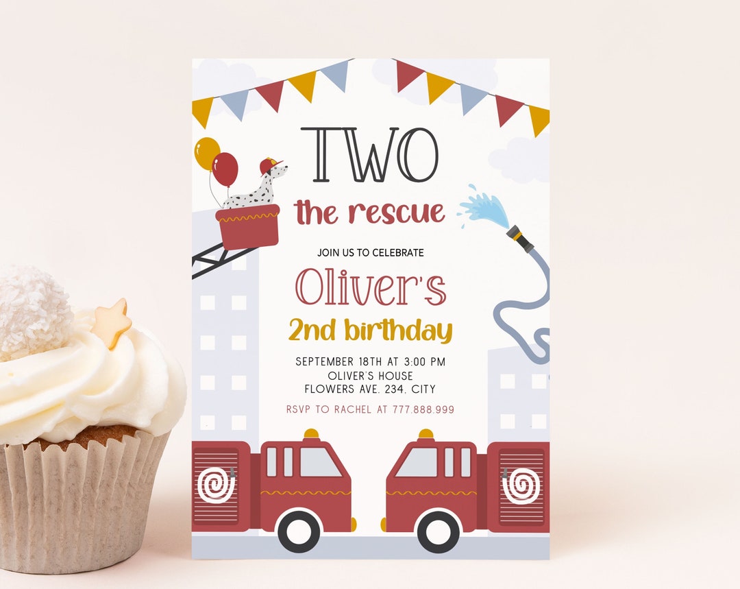 Two the Rescue Birthday Invitation Editable Boy 2nd Birthday Fire ...