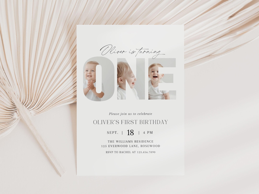Modern Minimal First Birthday Invitation With Photo, Neutral 1st ...