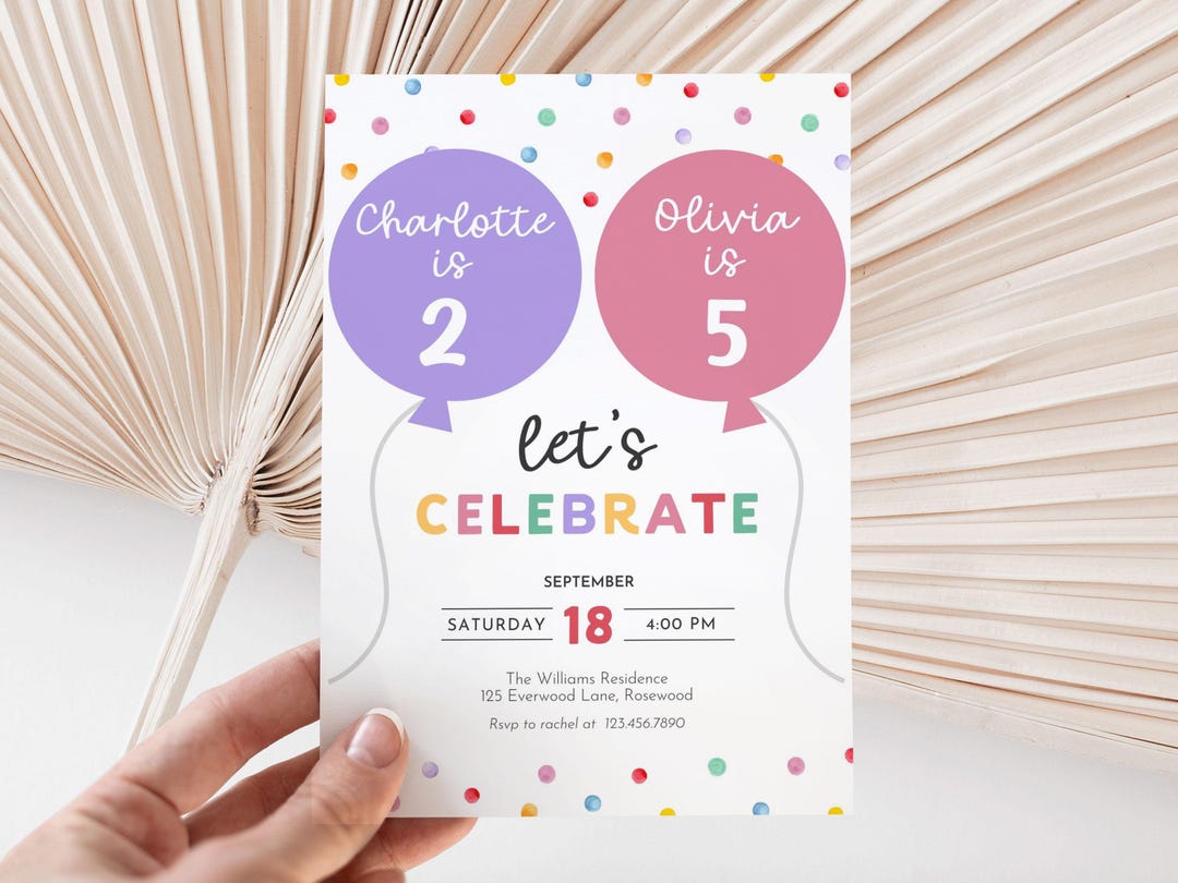 Girl Joint Birthday Party Invitation, Colored Confetti Sisters Invite ...