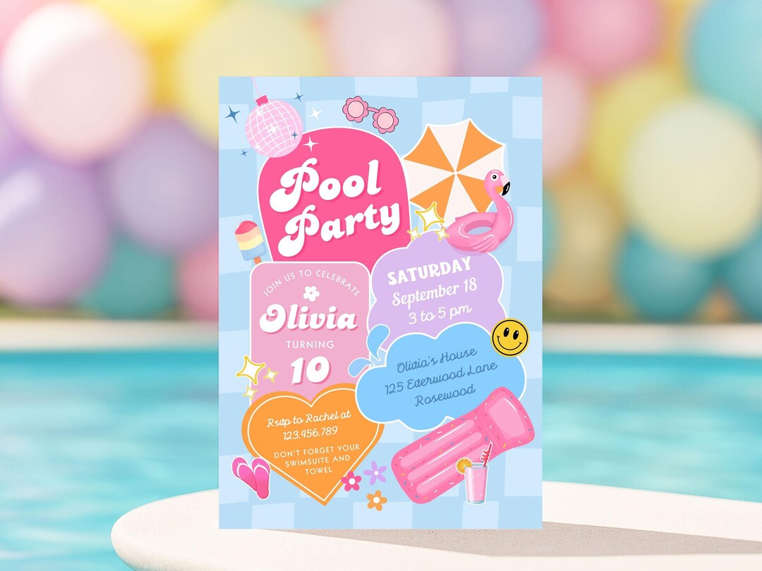 Preppy Pool Party Girl Invitation Editable, Groovy Splash Birthday ...