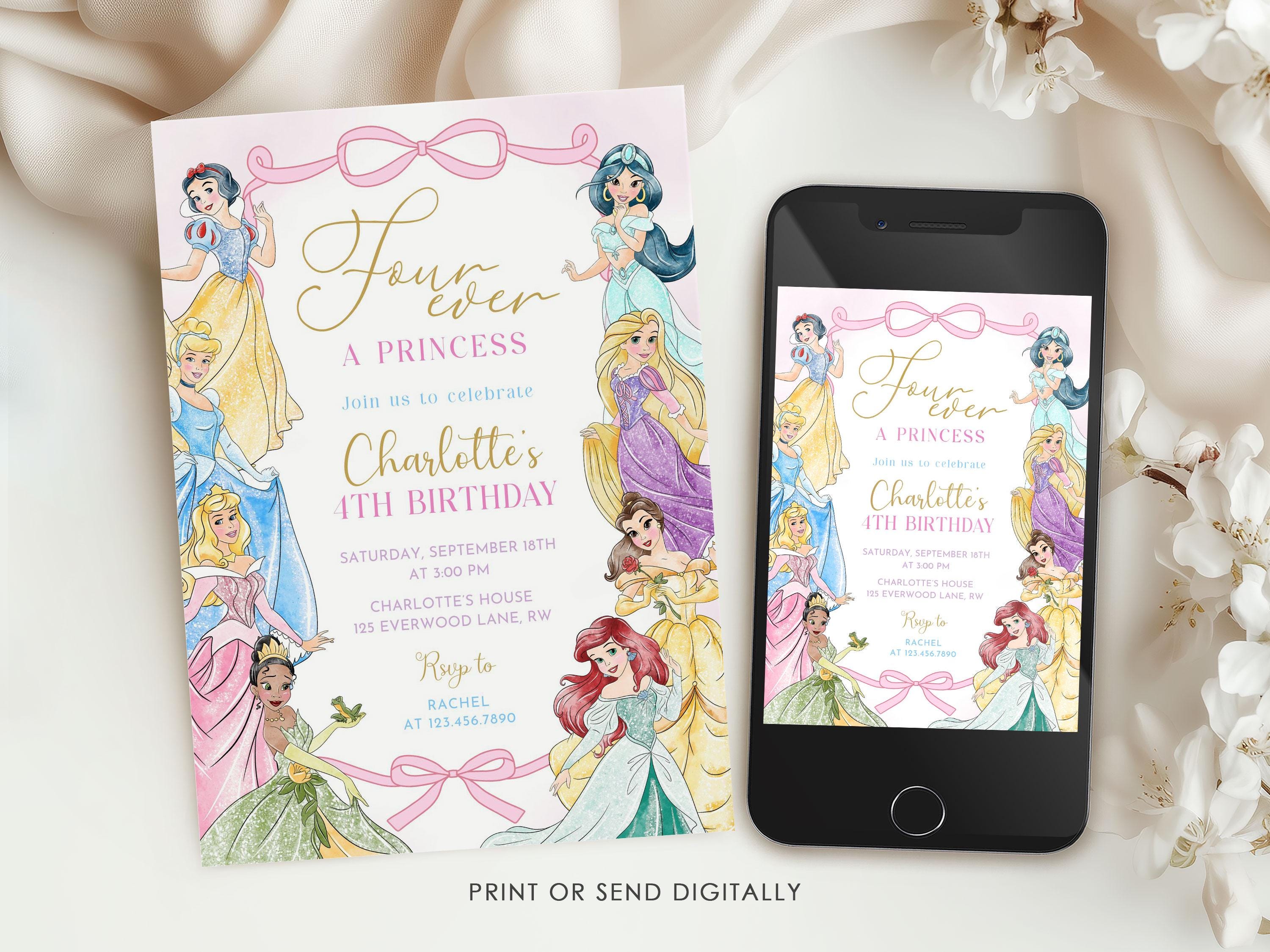 Four Ever a Princess Party Invitation Editable, Pink Bow Princess 4th ...