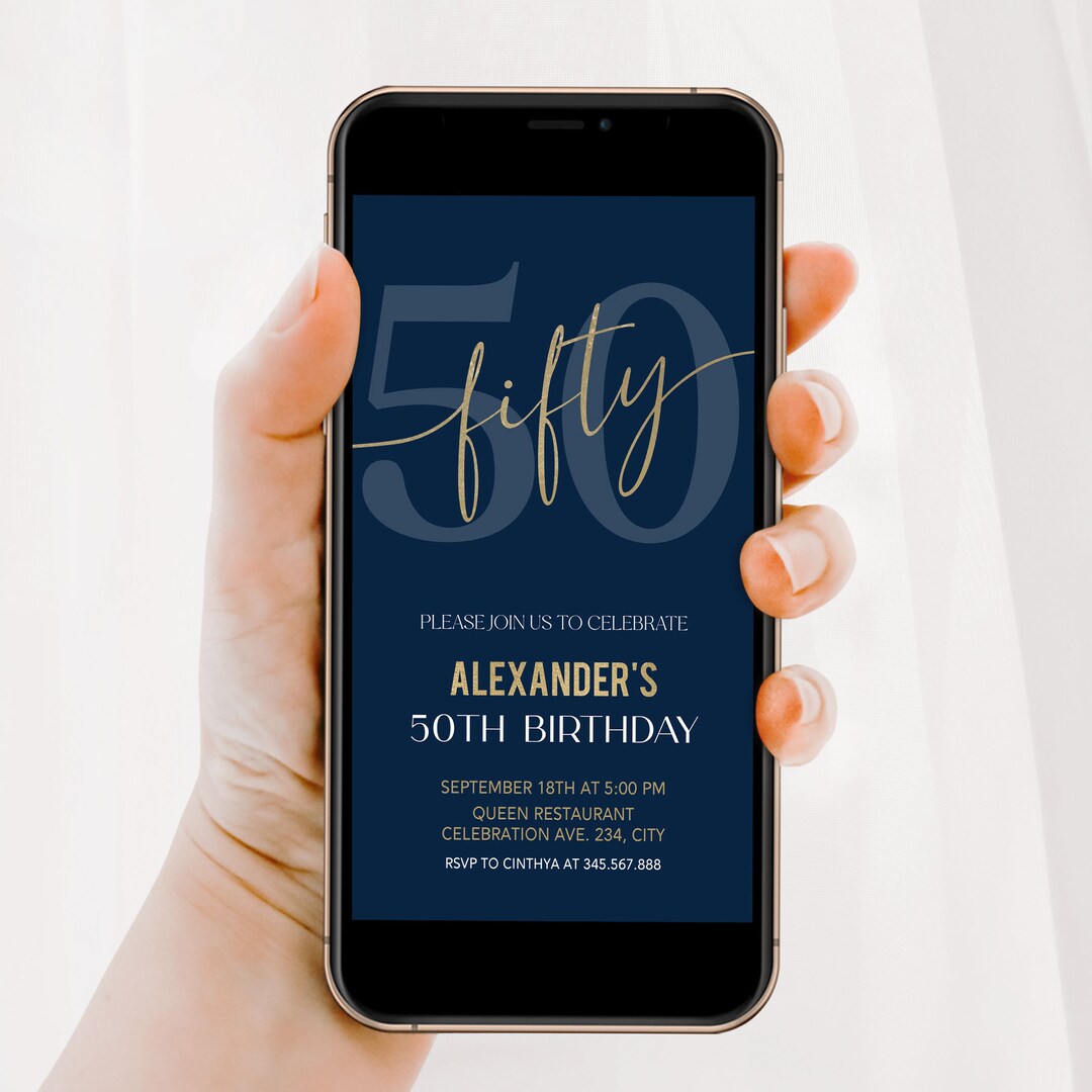 Electronic 50th Birthday Invitation Template for Men, Navy and Gold ...