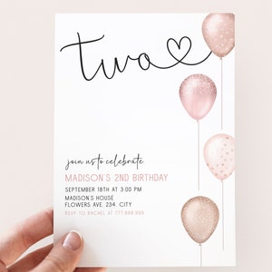 Girl Second Birthday Invitation Editable, Two Birthday Invite, Pink ...