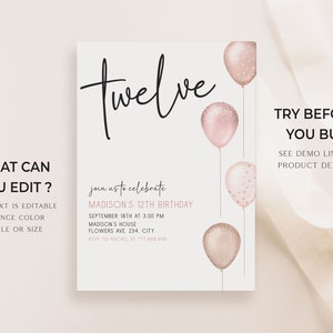 12th Birthday Invitation Editable, Twelve Birthday Invite, Girl ...