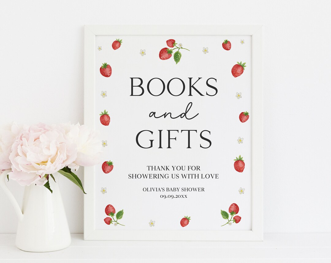 Editable Strawberry Books and Gifts Sign, Berry Sweet Baby Shower Sign ...