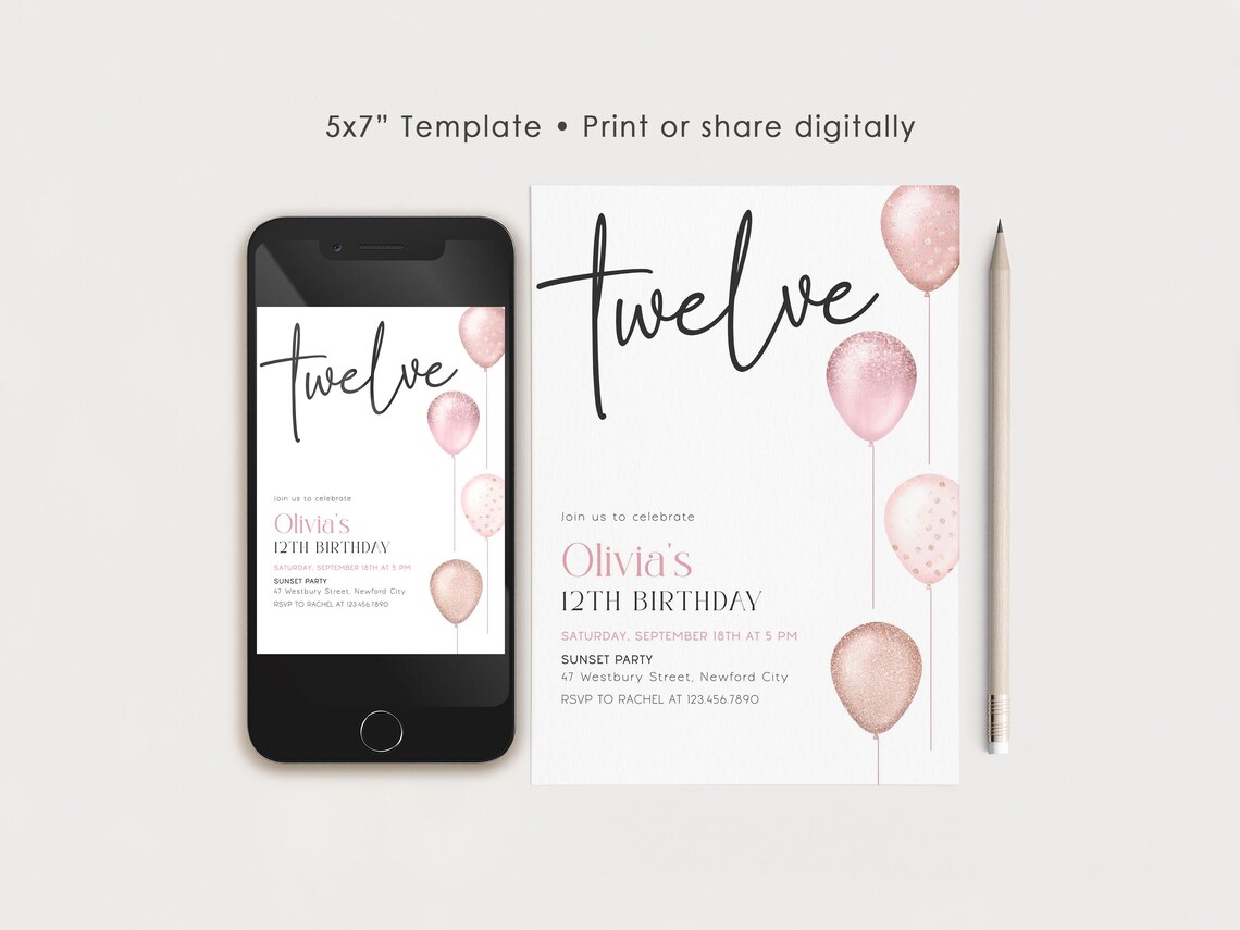 Pink Balloons 12th Birthday Invitation, Editable Canva Template ...