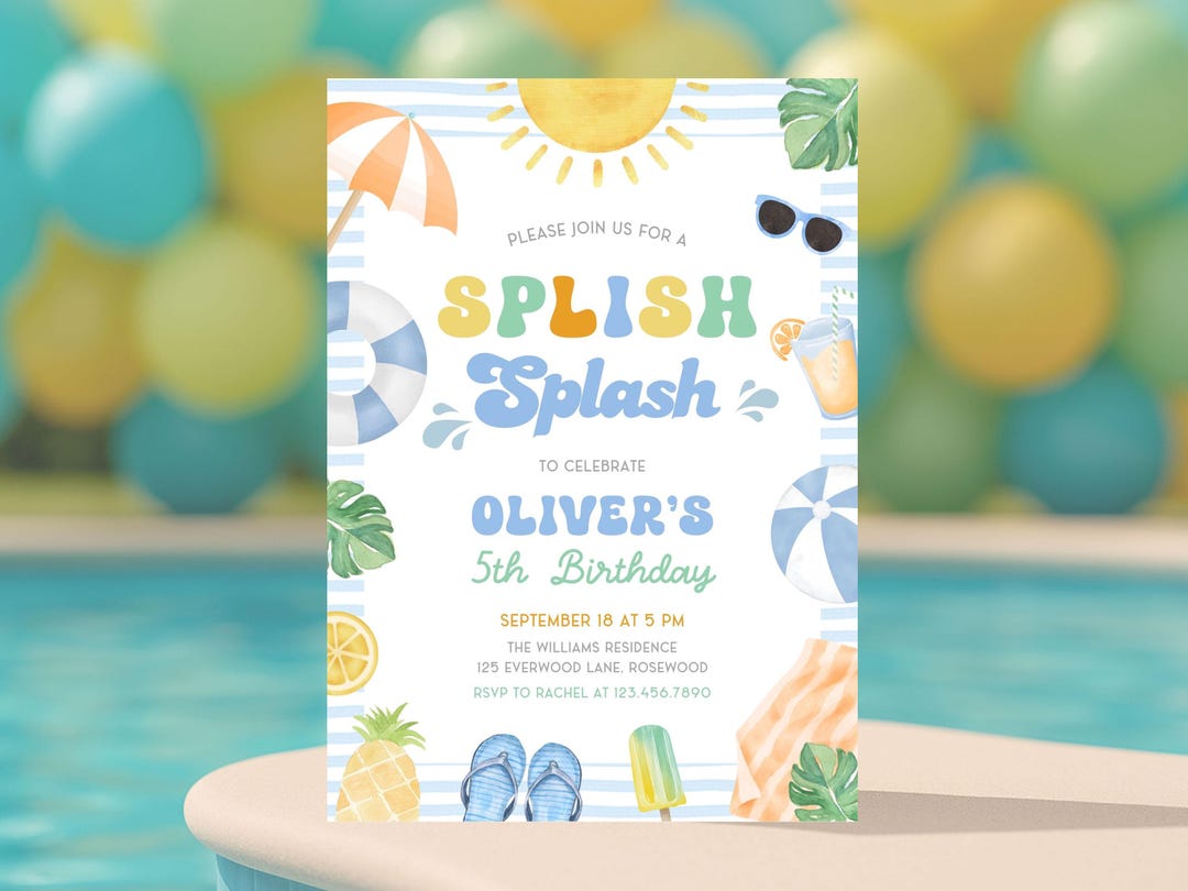 Splish Splash Pool Party Birthday Invitation, Editable Canva Template ...