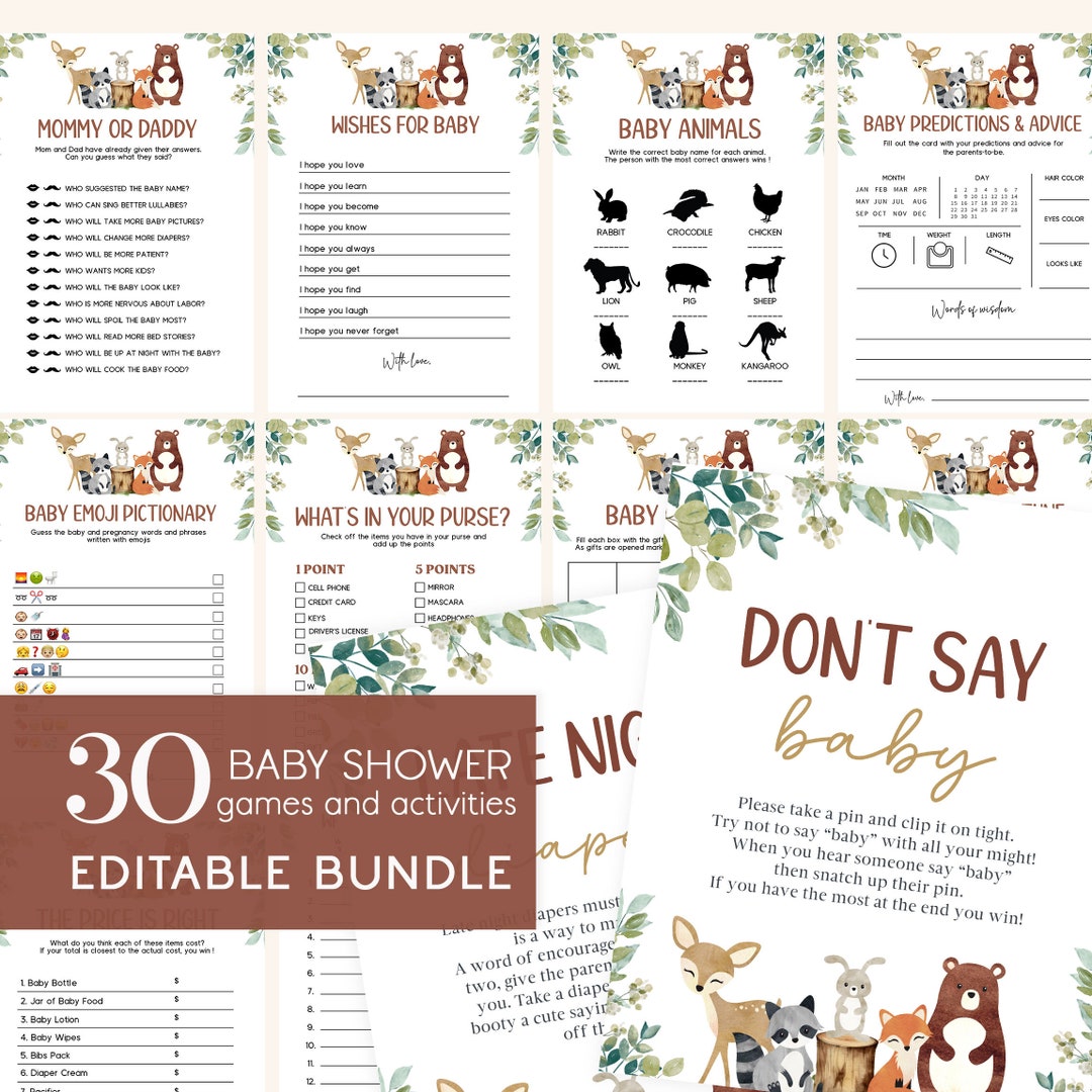 Baby Shower Games Woodland Theme Editable Bundle Woodland Creatures ...