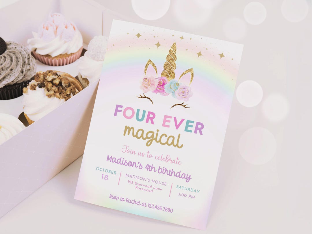 Four Ever Magical Birthday Invitation Ediable, Unicorn Canva Template ...