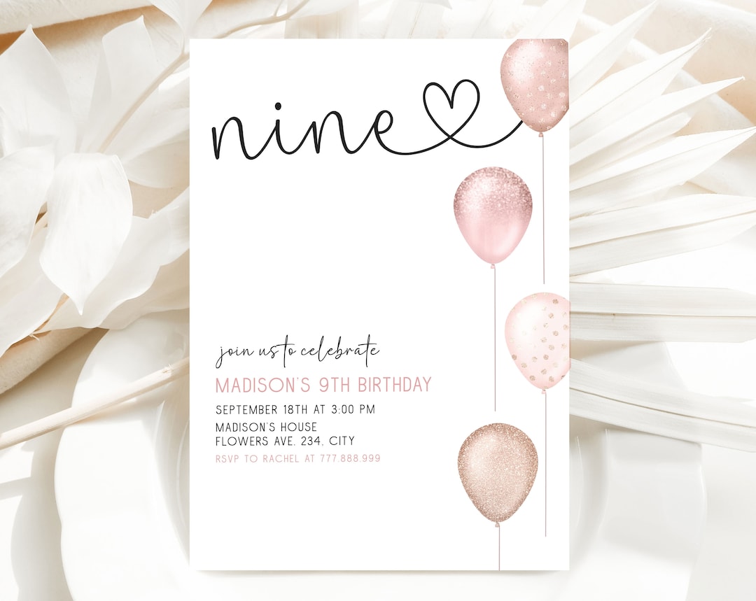 9th Birthday Party Invitation Template, 9th Birthday Girl Invite ...