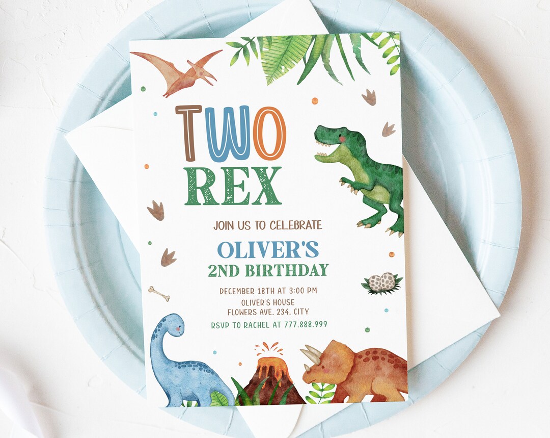 Editable Two Rex Birthday Invitation, Dinosaur Birthday Invite Template ...